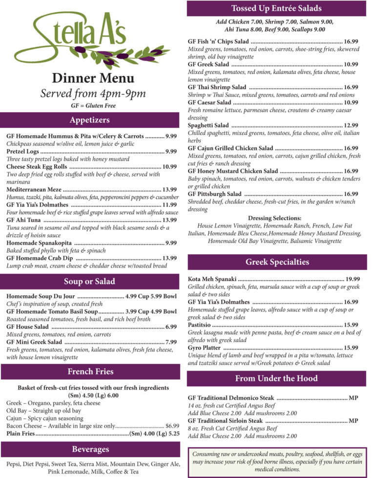 Menu – Stella A’s Bar & Grill